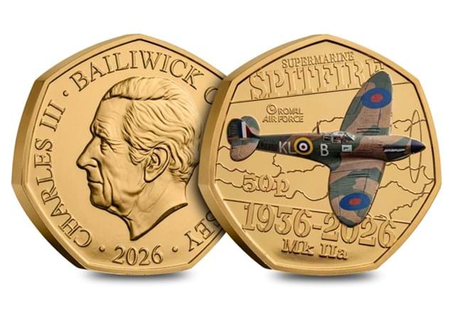 The Official RAF Spitfire 90th Anniversary Gold Plated Colour 50p Coin