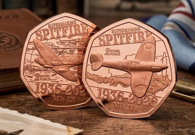 The Official RAF Spitfire 90th Anniversary Gold Proof 50p Coin Pair