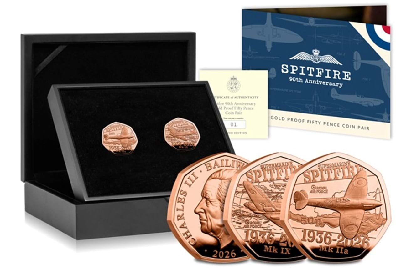 The Official RAF Spitfire 90th Anniversary Gold Proof 50p Coin Pair